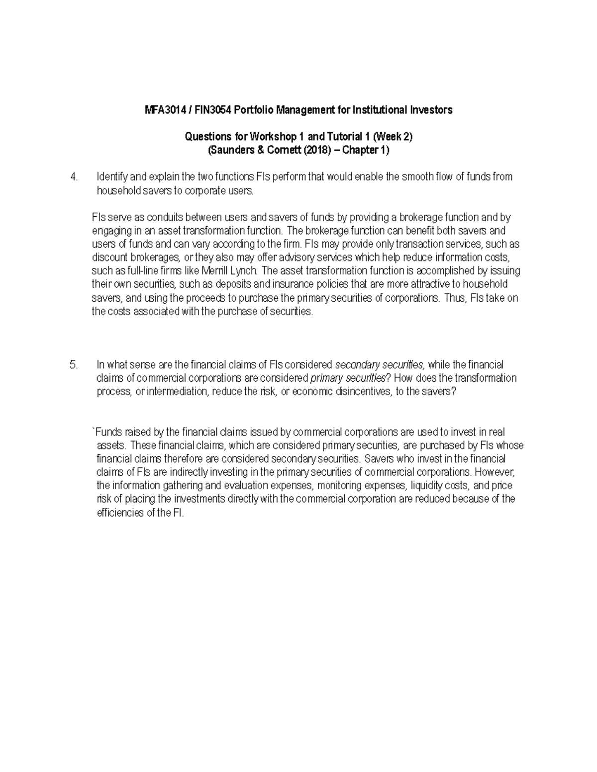 PMI- Workshop and Tutorial 1 -Solutions - MFA3014 / FIN3054 Portfolio ...