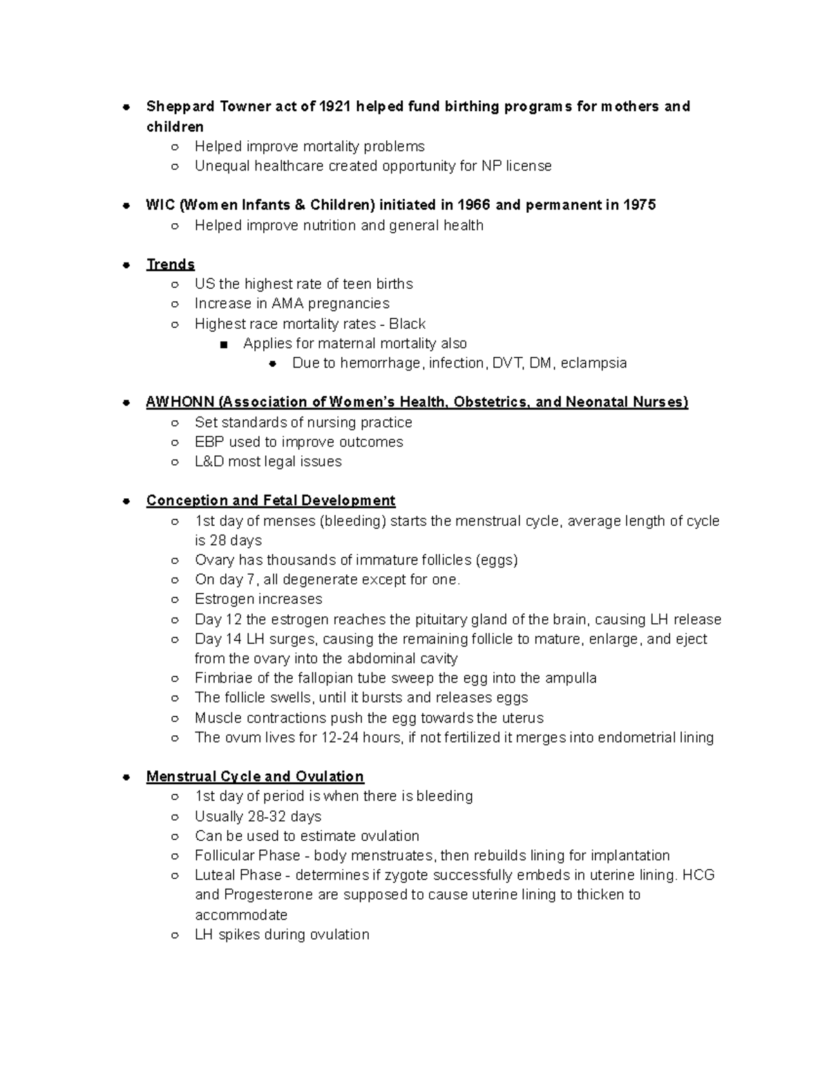 Maternity OB Lecture 1 Notes - Sheppard Towner act of 1921 helped fund ...