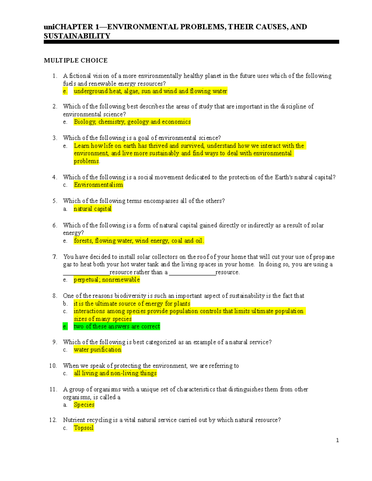 Testbank 1-6 - uniCHAPTER 1—ENVIRONMENTAL PROBLEMS, THEIR CAUSES, AND ...