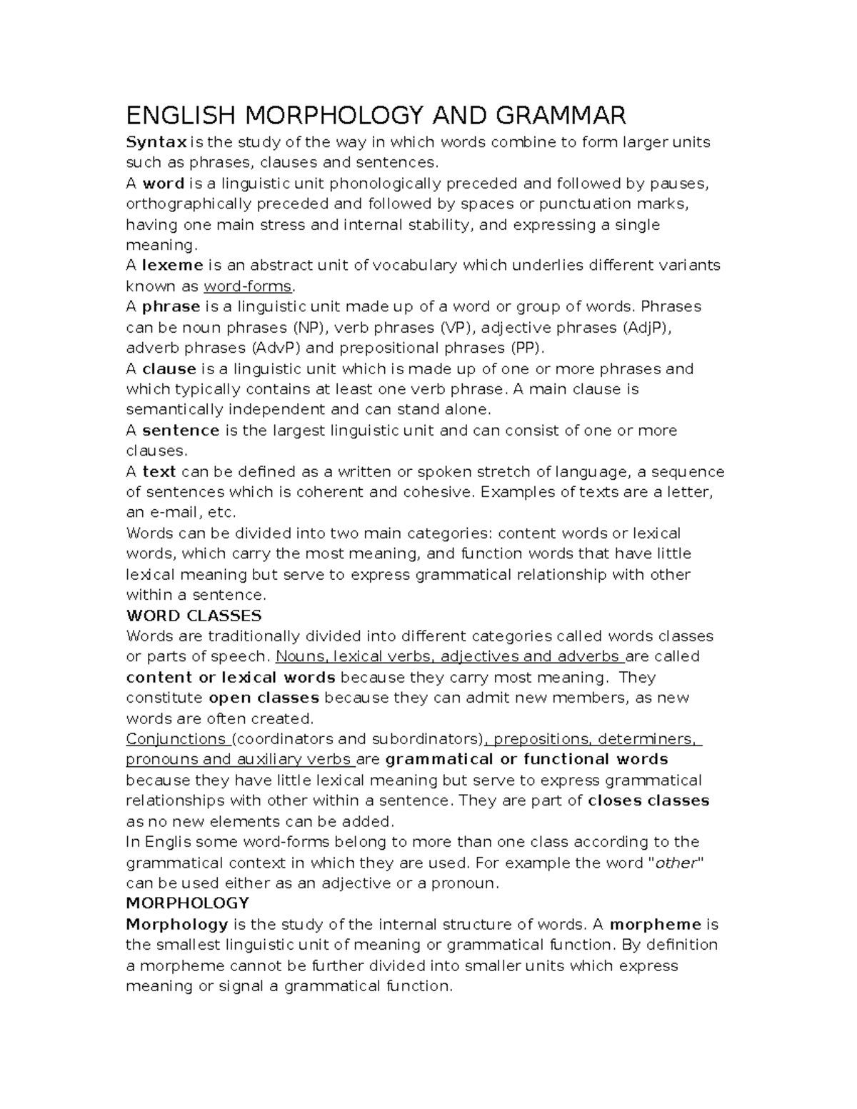 English Morphology and Grammar - ENGLISH MORPHOLOGY AND GRAMMAR Syntax ...