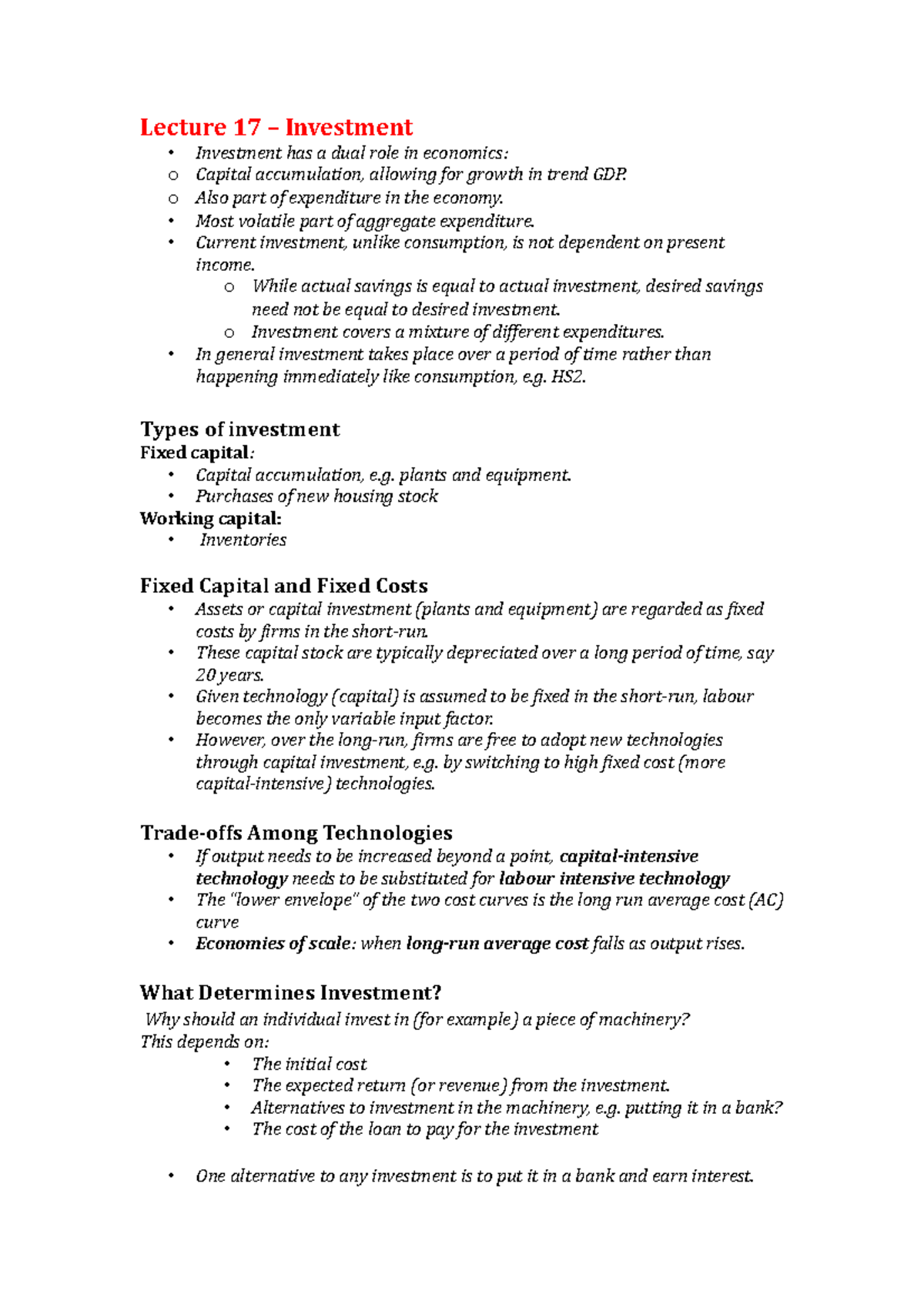 Economic lectures - Lecture 17 – Investment • o o • • • Investment has ...