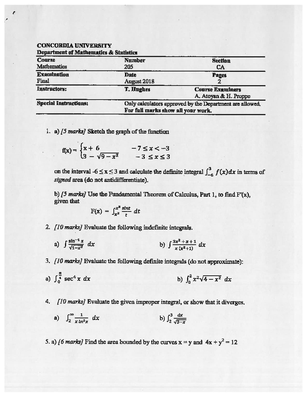 MATH205 Final EXAM AND Solutions August 2018 - MATH 205 - Studocu