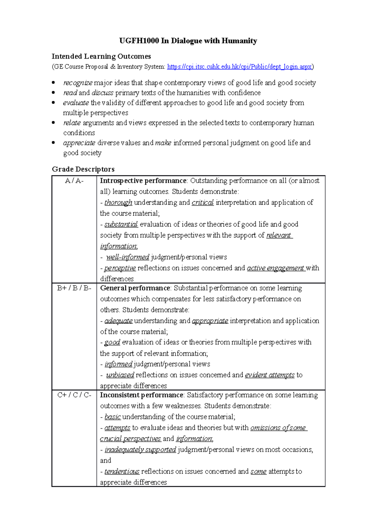 Grade Descriptors Overall Performance - UGFH1000 In Dialogue with ...