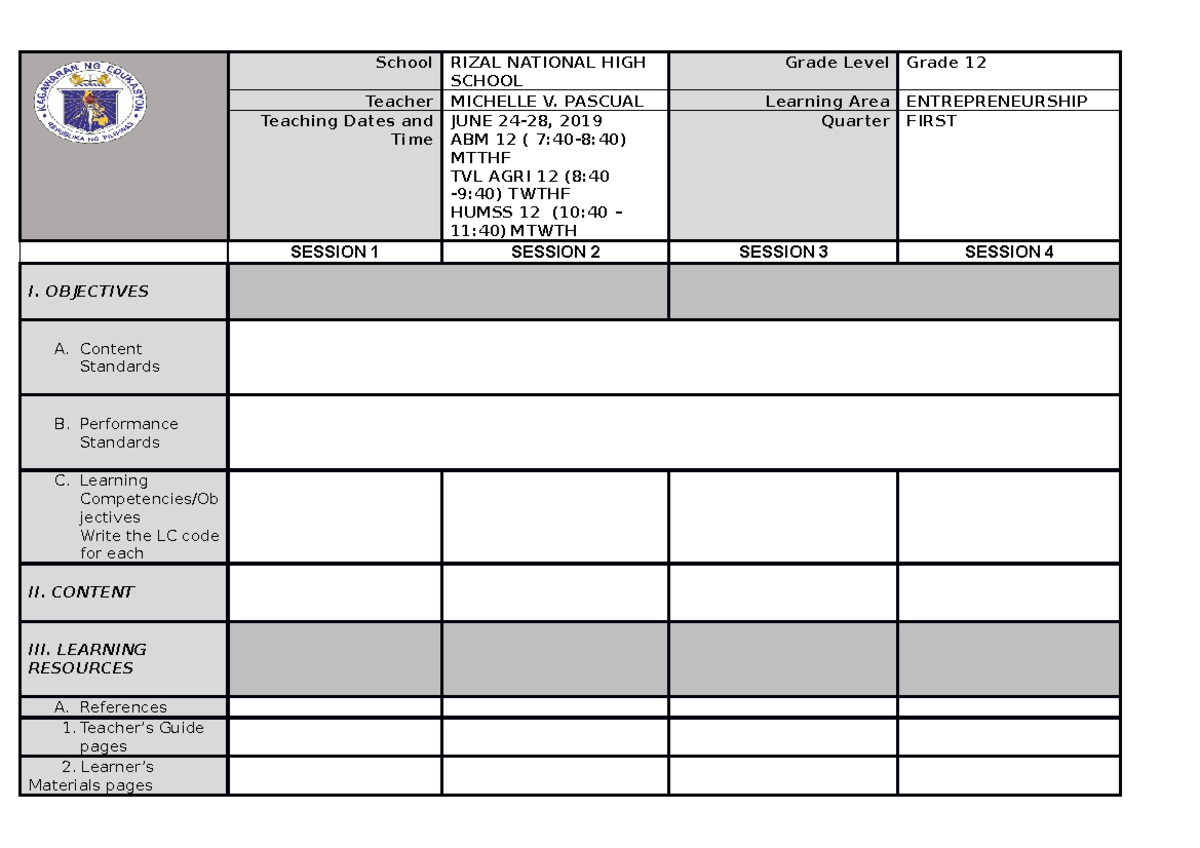 Week 4 dll entrep final - syllabus - School RIZAL NATIONAL HIGH SCHOOL ...