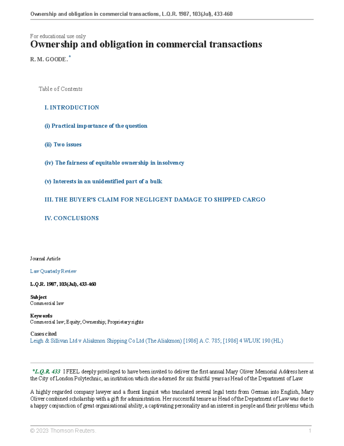 Ownership and obligation in commercial transactions - M. GOODE. * Table ...