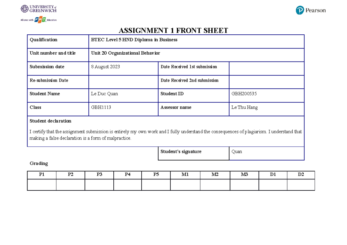 5064.Assignment 1 frontsheet (2022) final - ASSIGNMENT 1 FRONT SHEET Qualification BTEC Level 5 ...