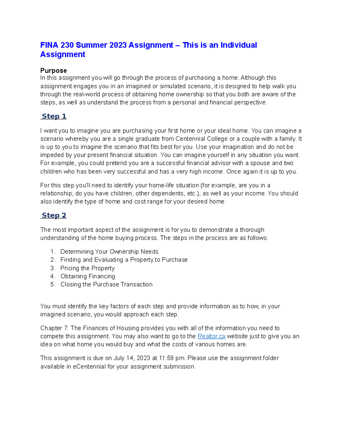 FINA 230 Assignment Instructions - FINA 230 Summer 2023 Assignment – This is an Individual - Studocu