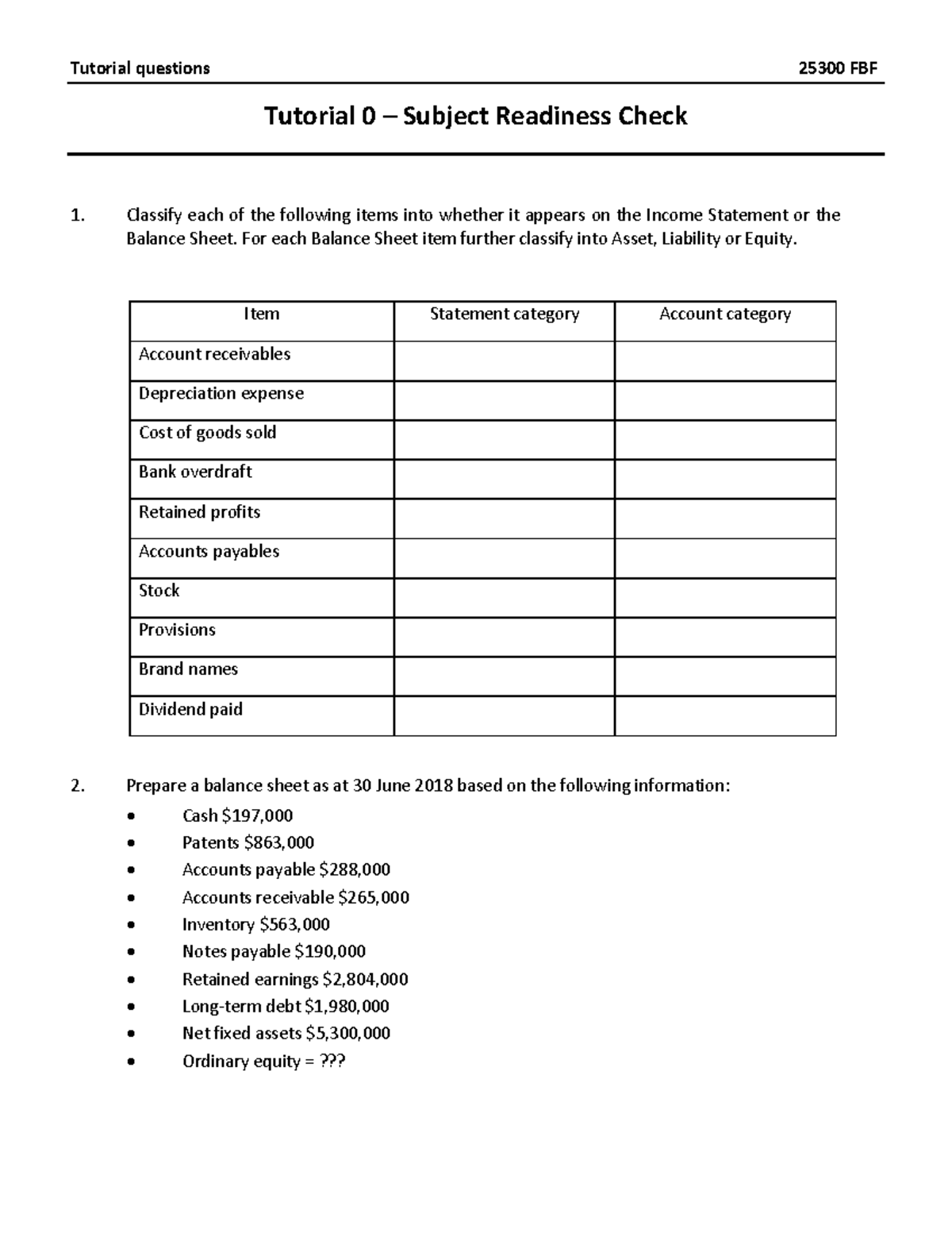 Tutorial 0 - Tutorial questions 25300 FBF Tutorial 0 – Subject Readiness Check Classify each of ...