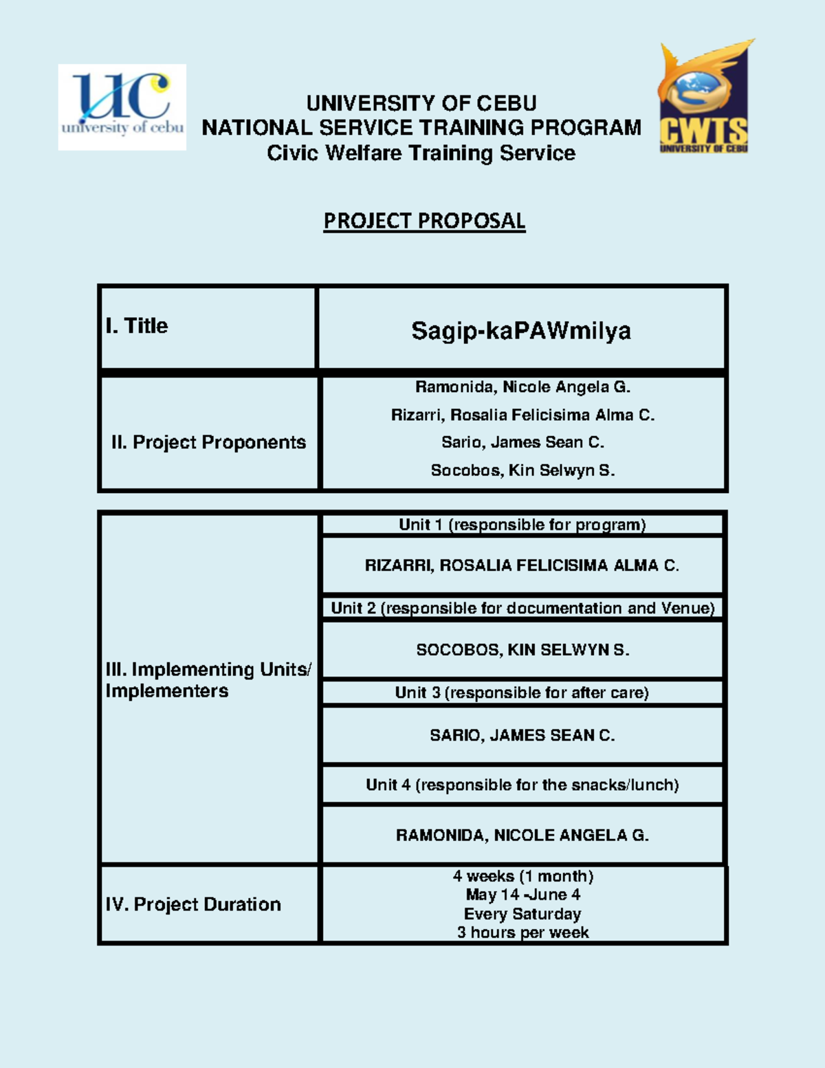 Community Project Proposal Teambayayong 11 - II. Project Proponents ...