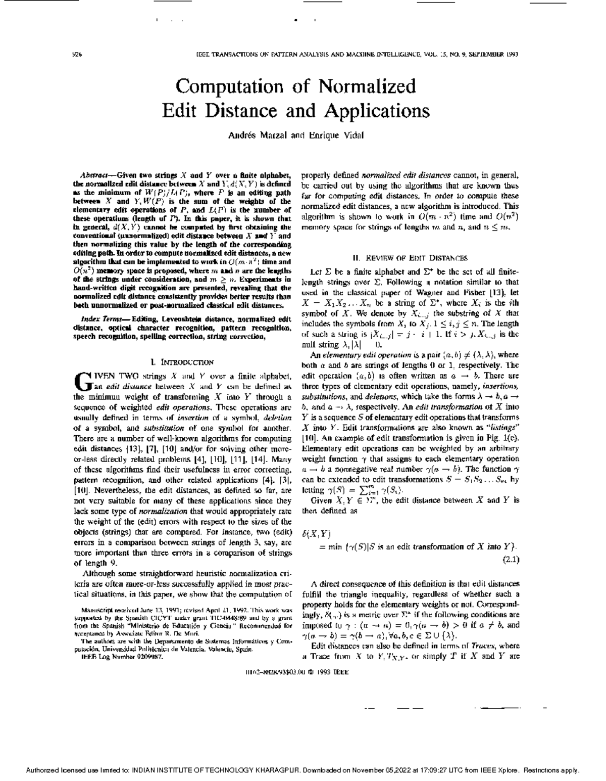 Computation of normalized edit distance and applications - 926 IEEE TRANSACTIONSON PA ...