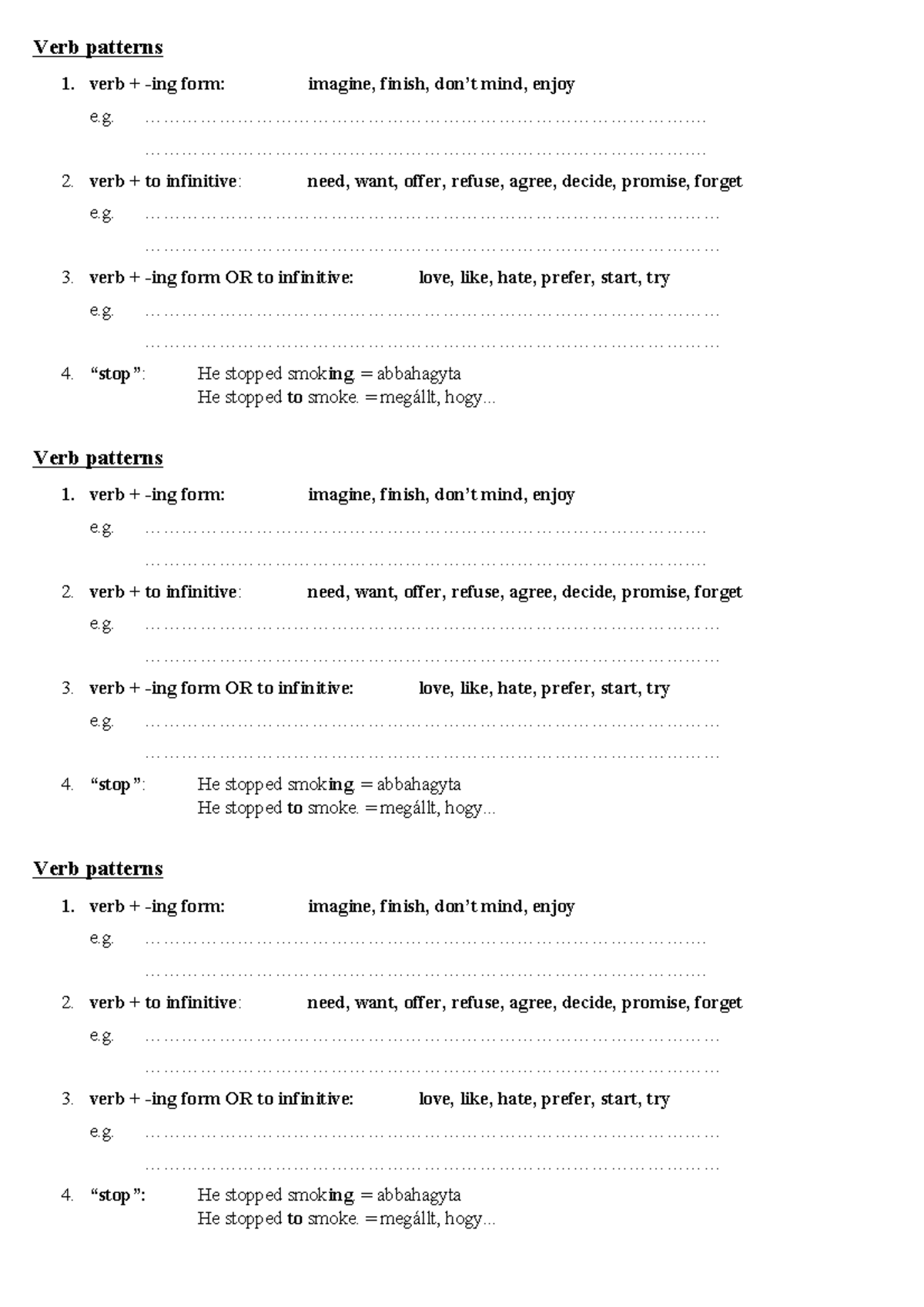 Verb patterns - 8th - web - elementary translation - Verb patterns verb ...