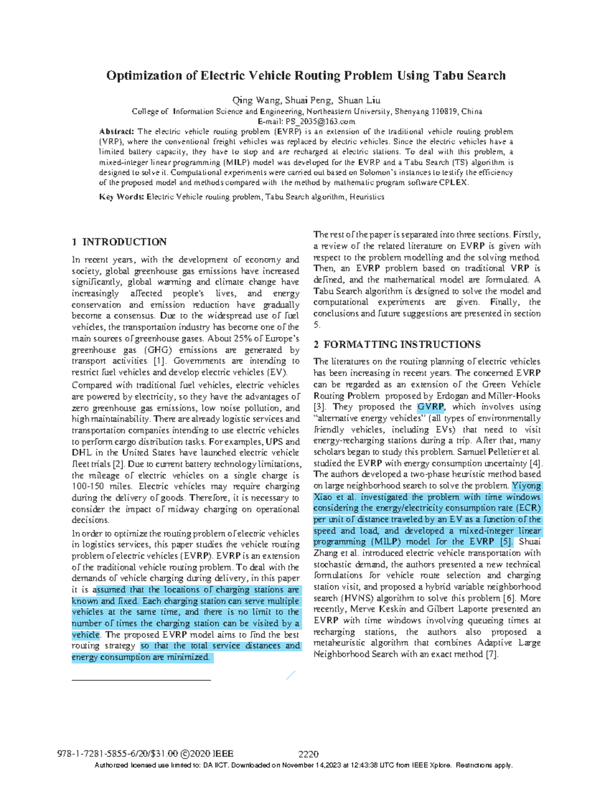 Optimization of Electric Vehicle Routing Problem Using Tabu Search - 1 INTRODUCTION In recent ...