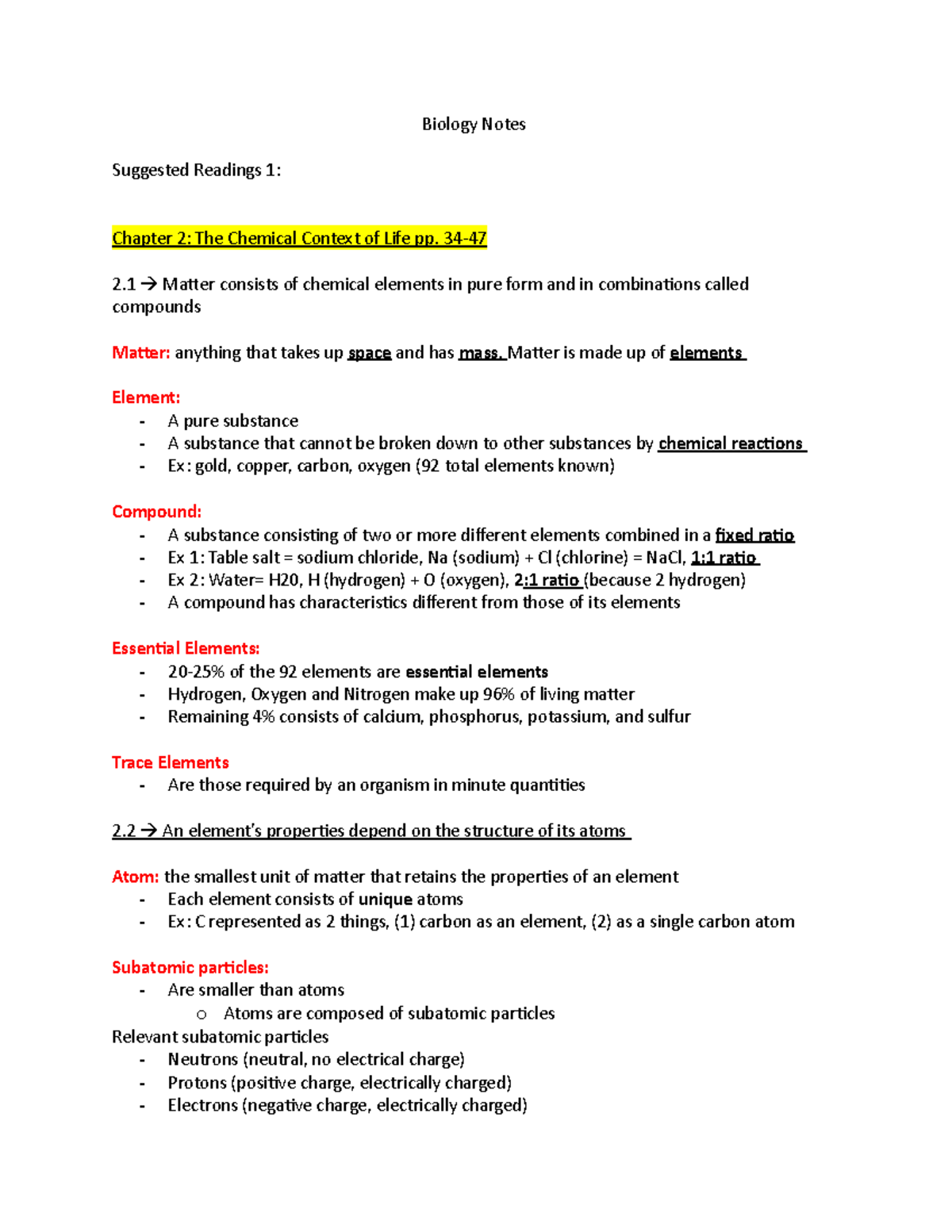 Biology Notes - Biology Notes Suggested Readings 1: Chapter 2: The ...