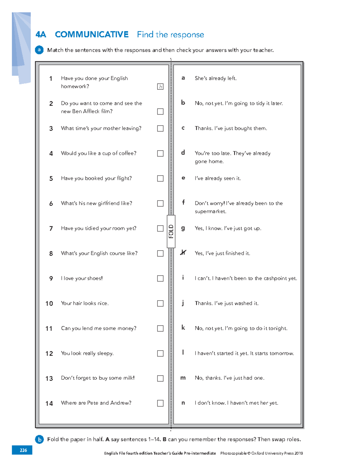 Comm 4A - 4A COMMUNICATIVE Find the response - English File fourth ...