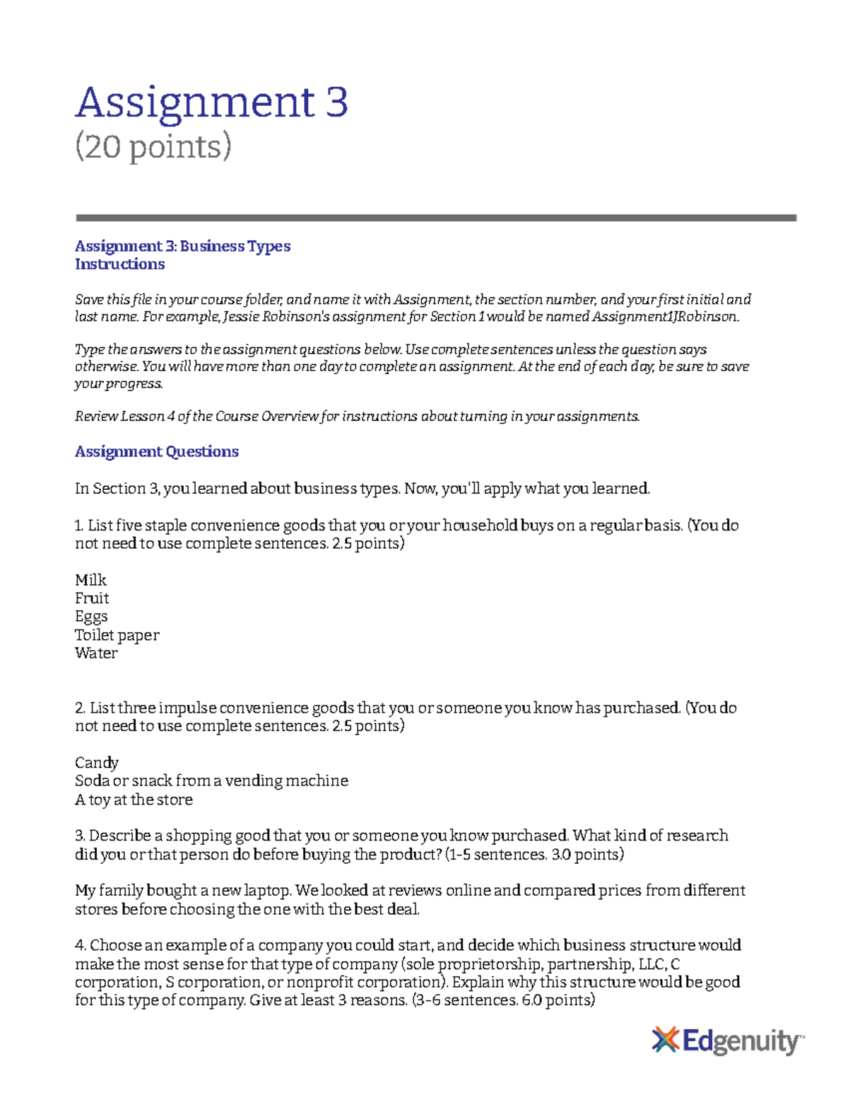 Assignment Business Types - Assignment 3 (20 points) Assignment 3: Business Types Instructions ...