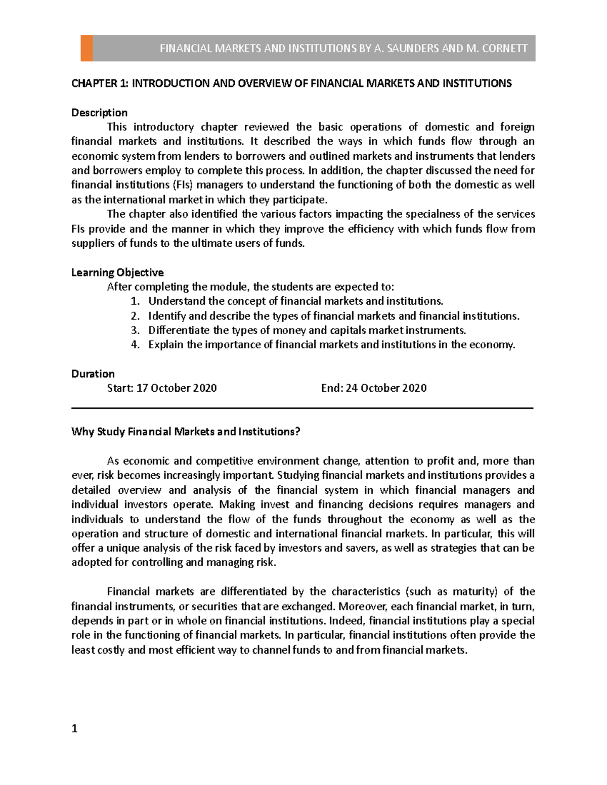 Module Financial Markets Chapter 1 - CHAPTER 1: INTRODUCTION AND ...