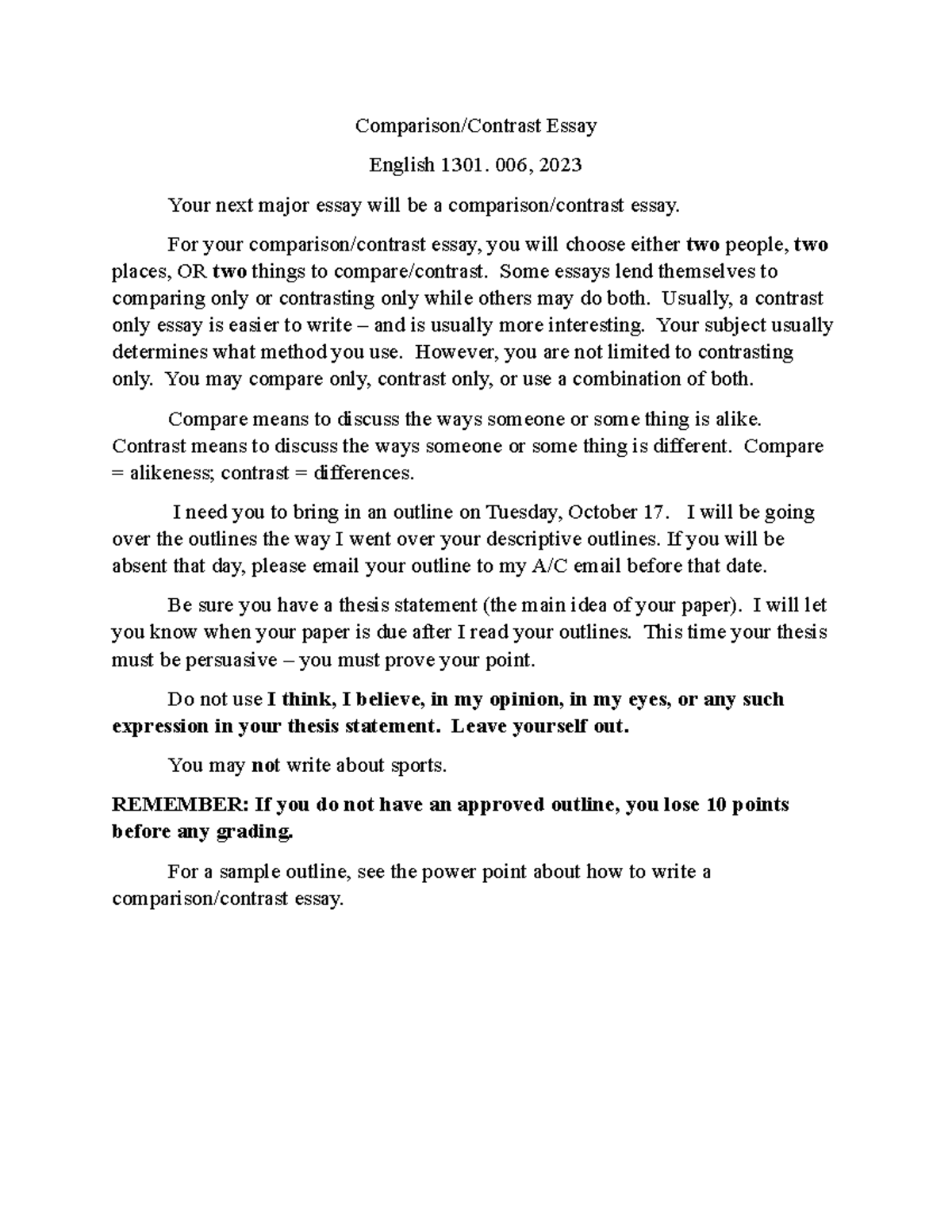 Comparison 2023. Fall, 006 - Comparison/Contrast Essay English 1301 ...