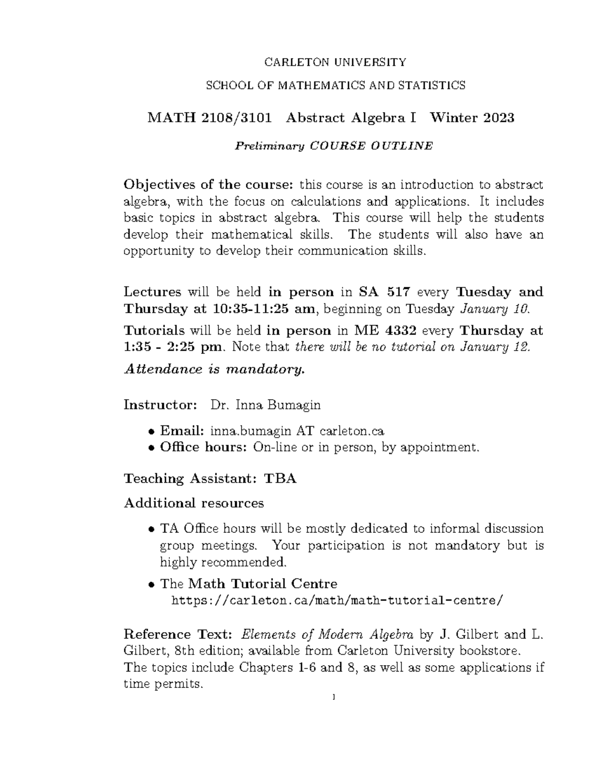 Preliminary Course Outline 2108-3101 - CARLETON UNIVERSITY SCHOOL OF ...