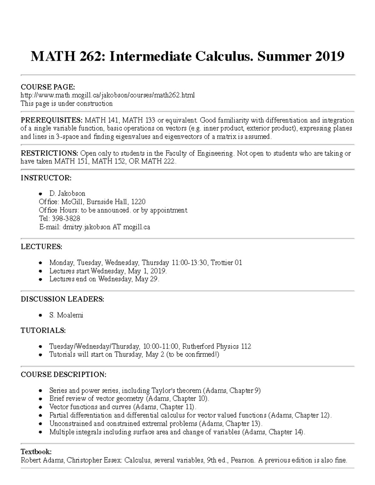 MATH 262 Intermediate Calculus. Summer 2019 - MATH 262: Intermediate ...