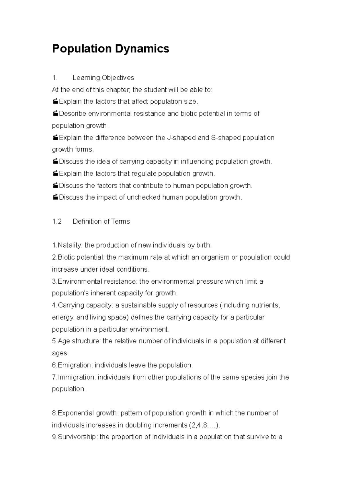 Population Dynamics - Population Dynamics Learning Objectives At the end of this chapter, the ...