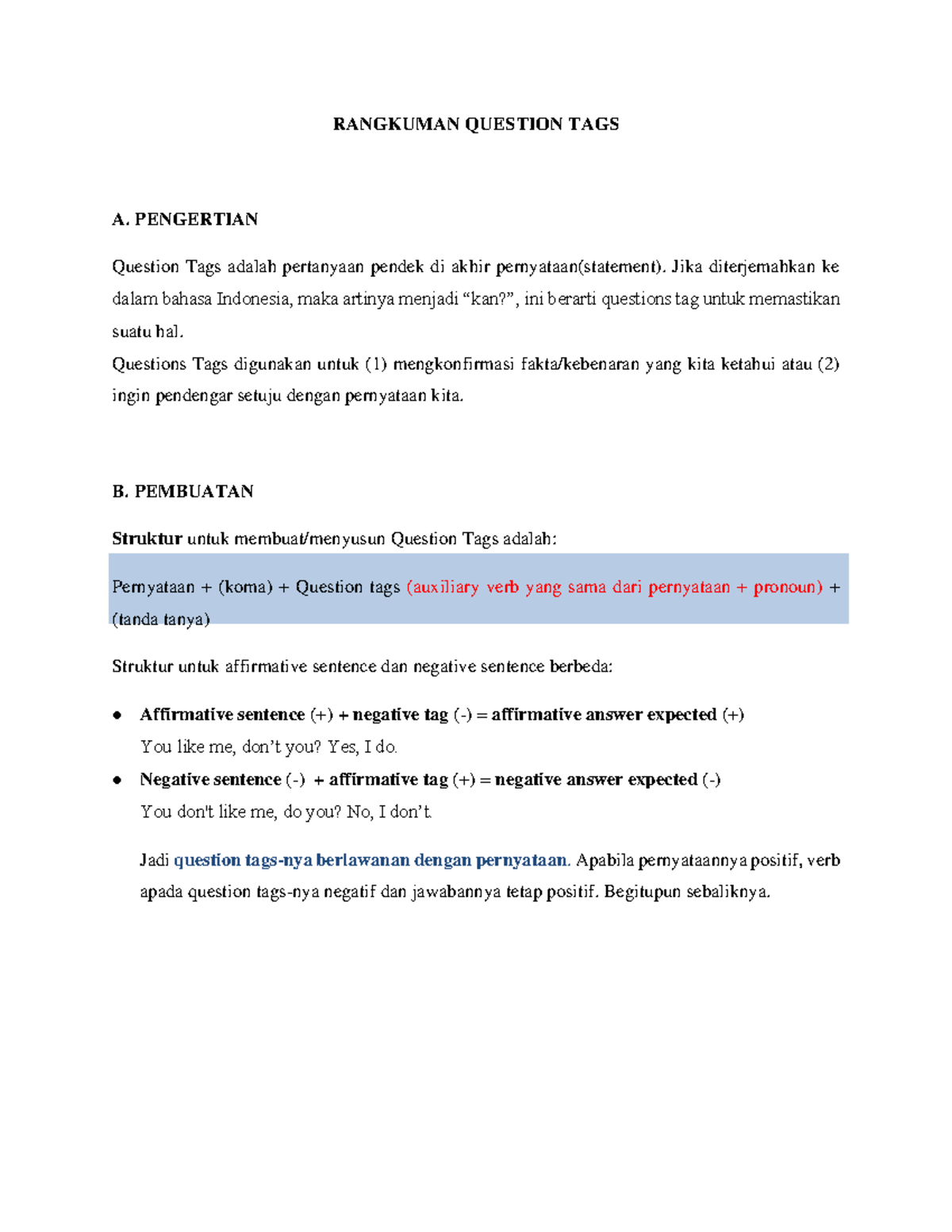 The Question Tag - RANGKUMAN QUESTION TAGS A. PENGERTIAN Question Tags ...