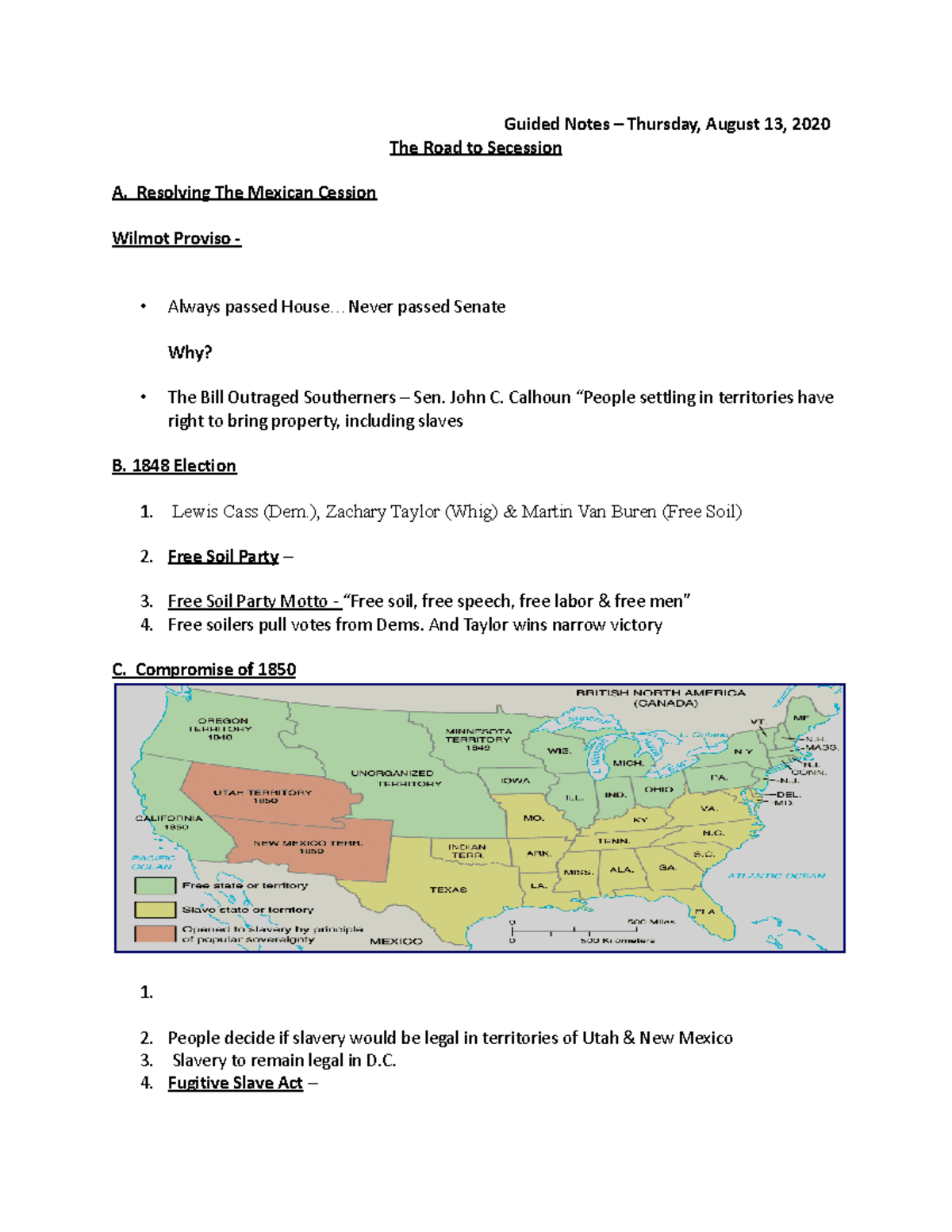The Road to Secession Guided Notes-2 - Guided Notes – Thursday, August ...