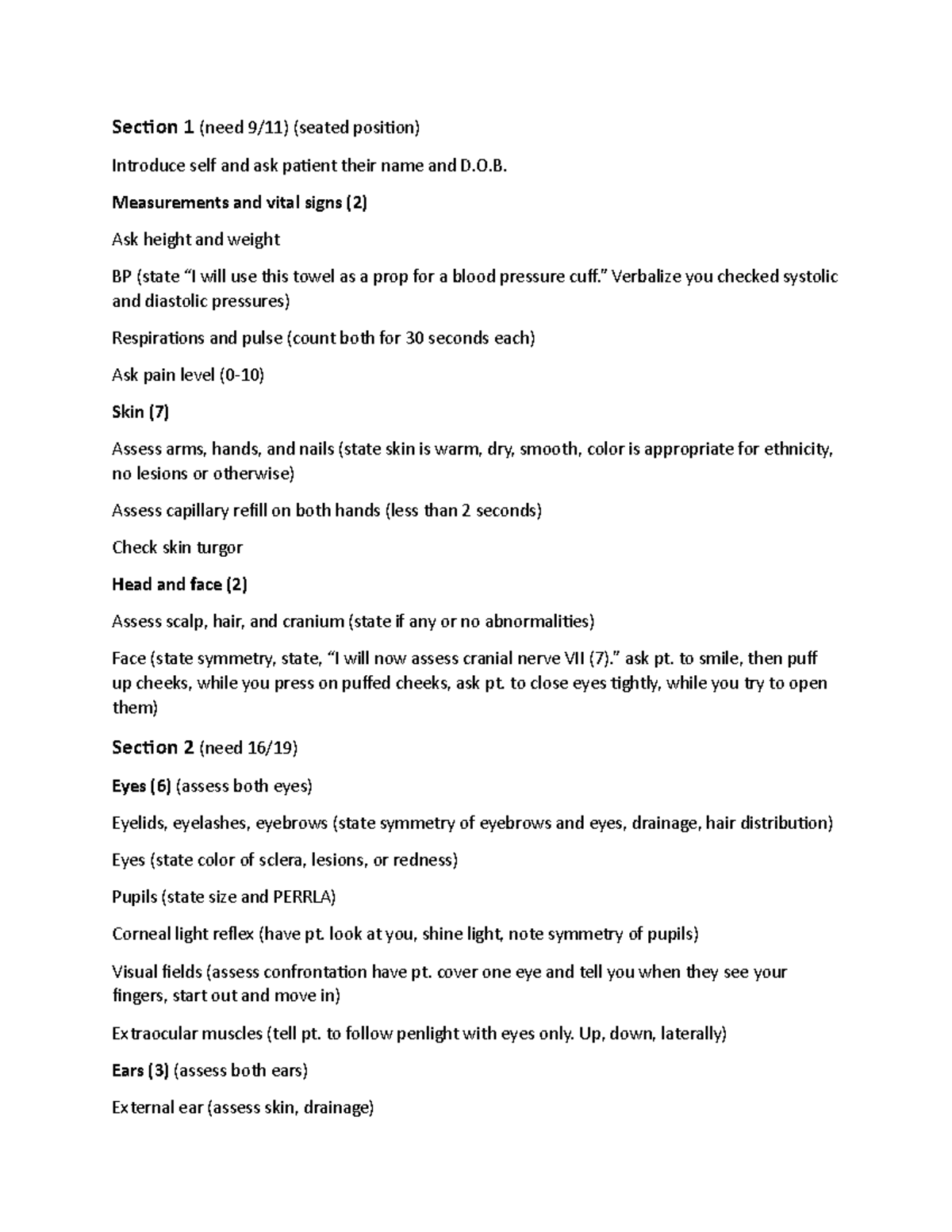 Health assessment cheat sheet - Secion 1 (need 9/11) (seated posiion ...