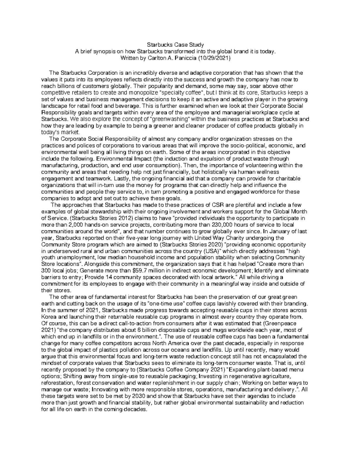 Starbucks Case A1 Carlton P - Starbucks Case Study A brief synopsis on ...