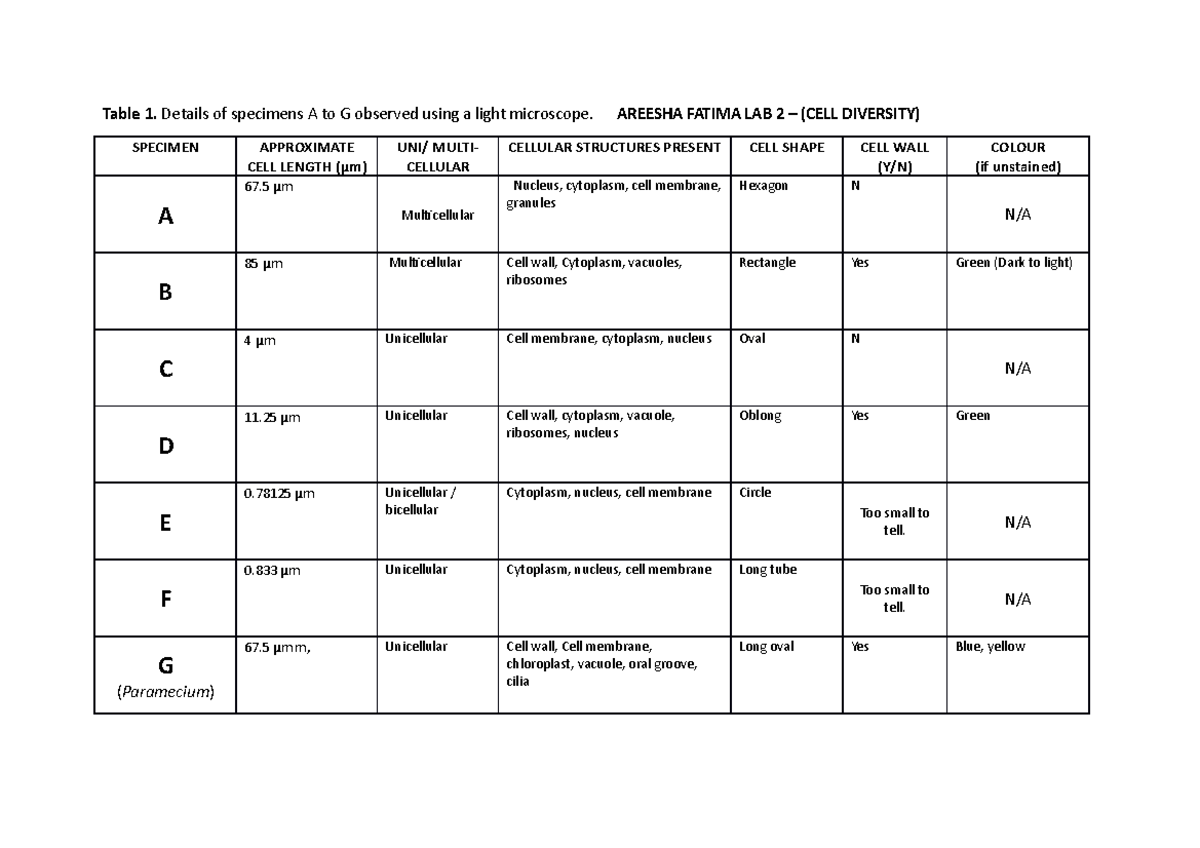 Lab 2 cell Diversity - Table 1. Details of specimens A to G observed ...