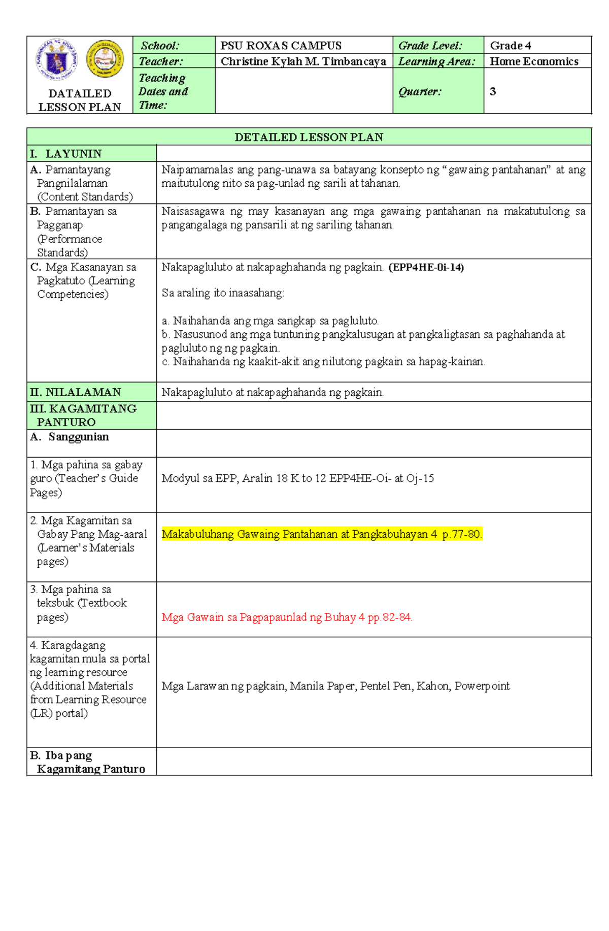 Datailed Lesson PLA1 - DATAILED LESSON PLAN School: PSU ROXAS CAMPUS ...