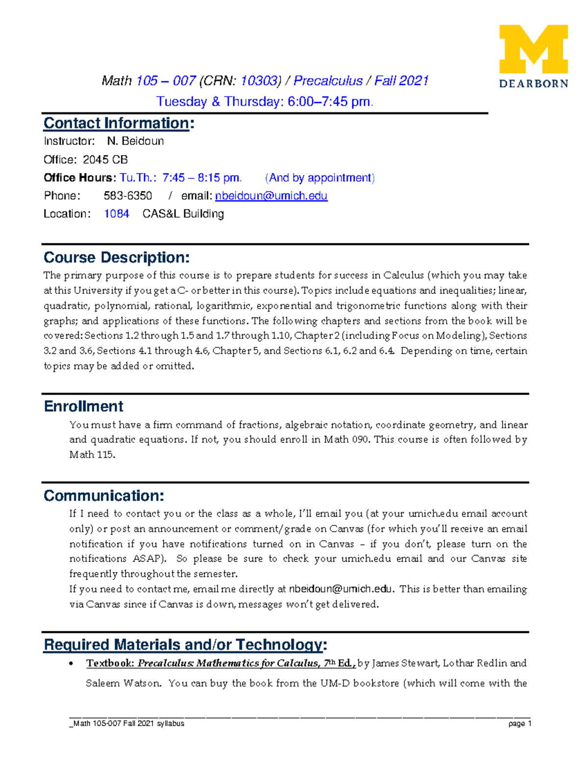 Beidoun M105-007 F21 Syllabus - Math 105 – 007 (CRN: 10303 ...