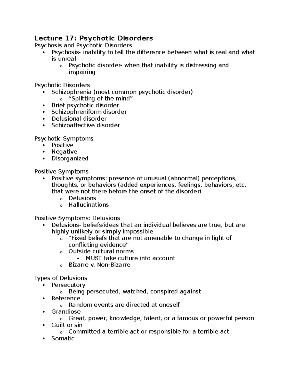 Abnormal Psychology Lecture 17- Psychotic Disorders - Lecture 17 ...
