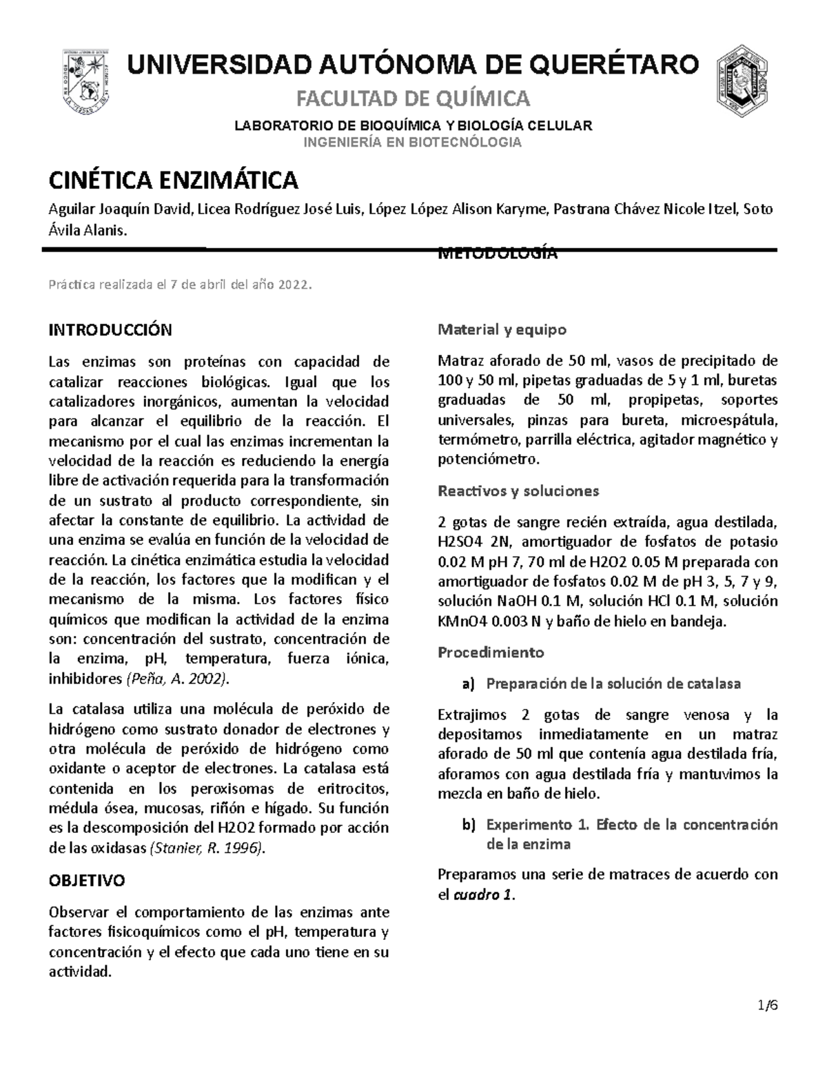 Reporte Práctica 12 - CINÉTICA ENZIMÁTICA Aguilar Joaquín David, Licea ...
