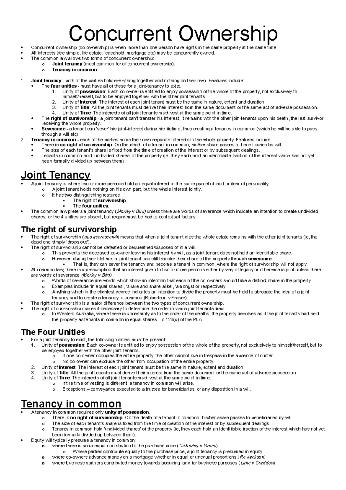 LAW2312 - Property Law Exam Notes - Concurrent Ownership Concurrent ...