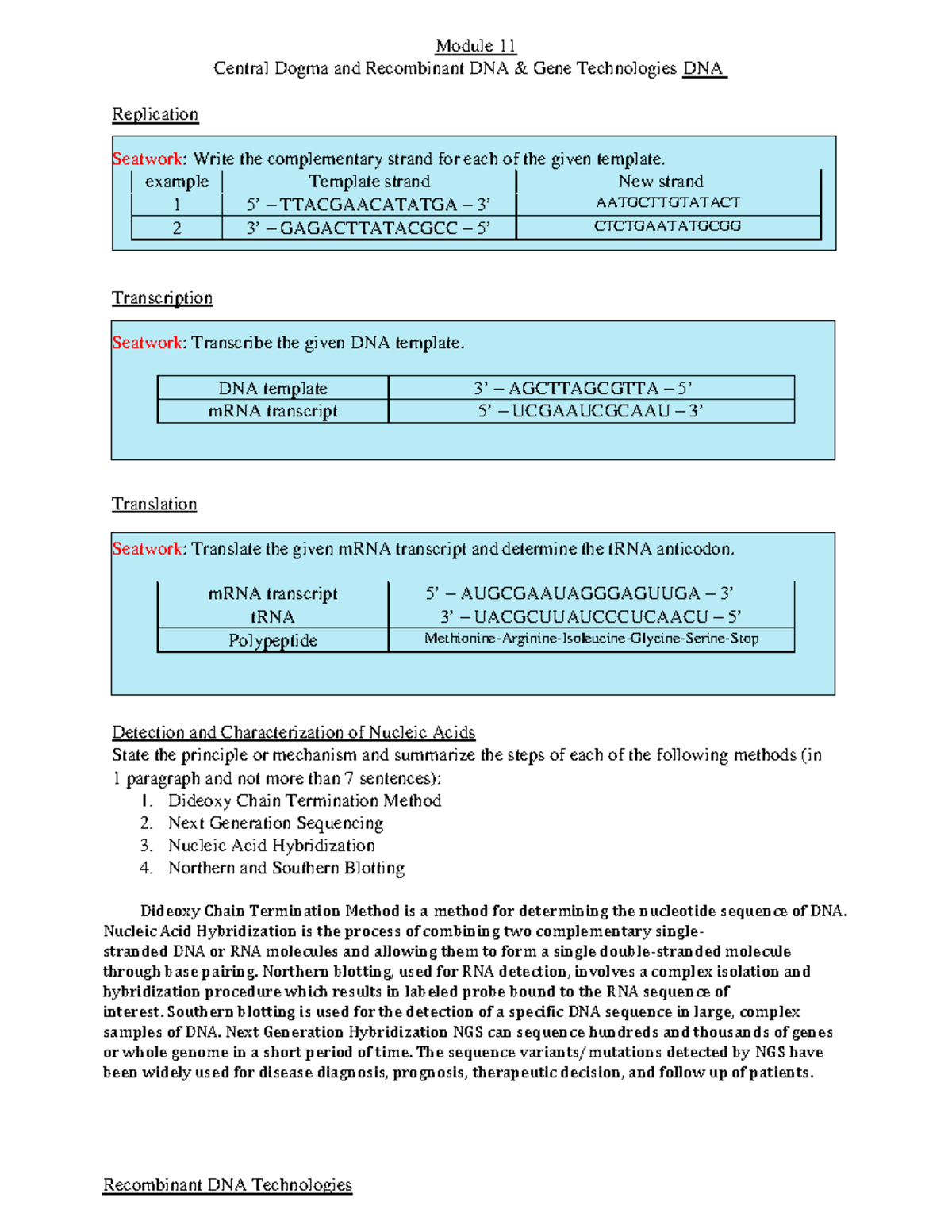 Biochemistry Module 11 Central Dogma AND Recombinant DNA AND GENE ...
