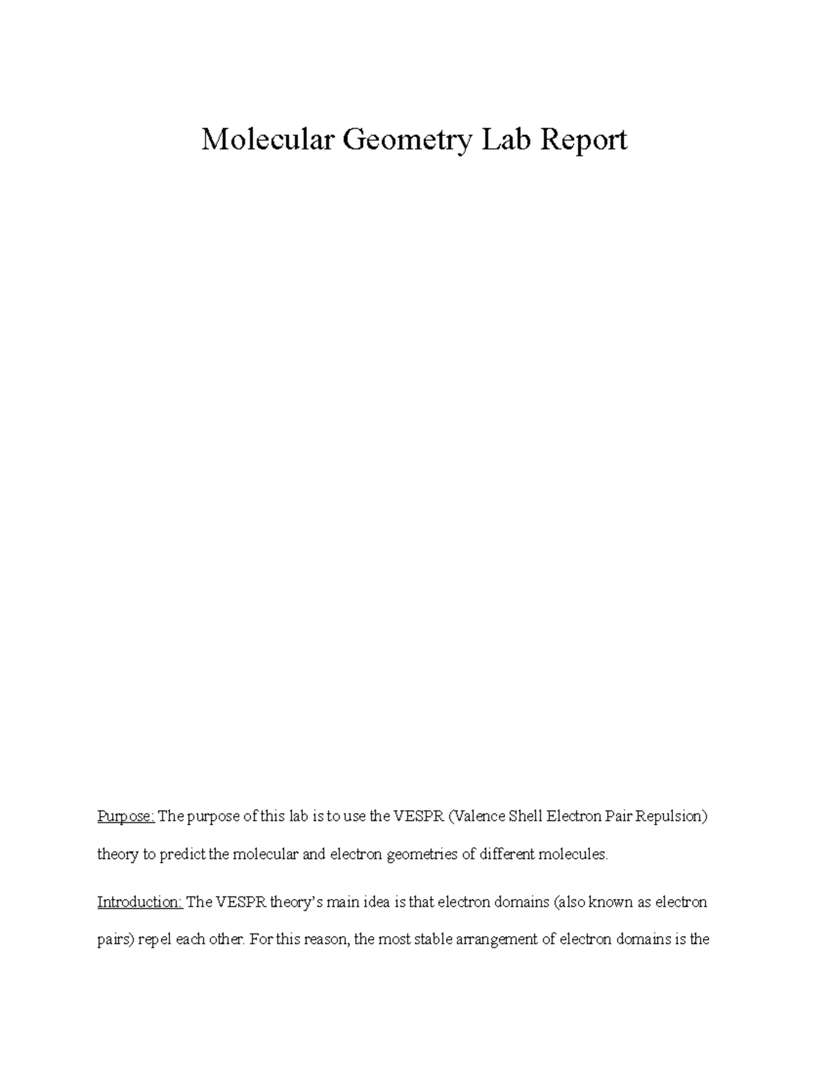 Molecular Geometry Lab Report - Molecular Geometry Lab Report Purpose ...