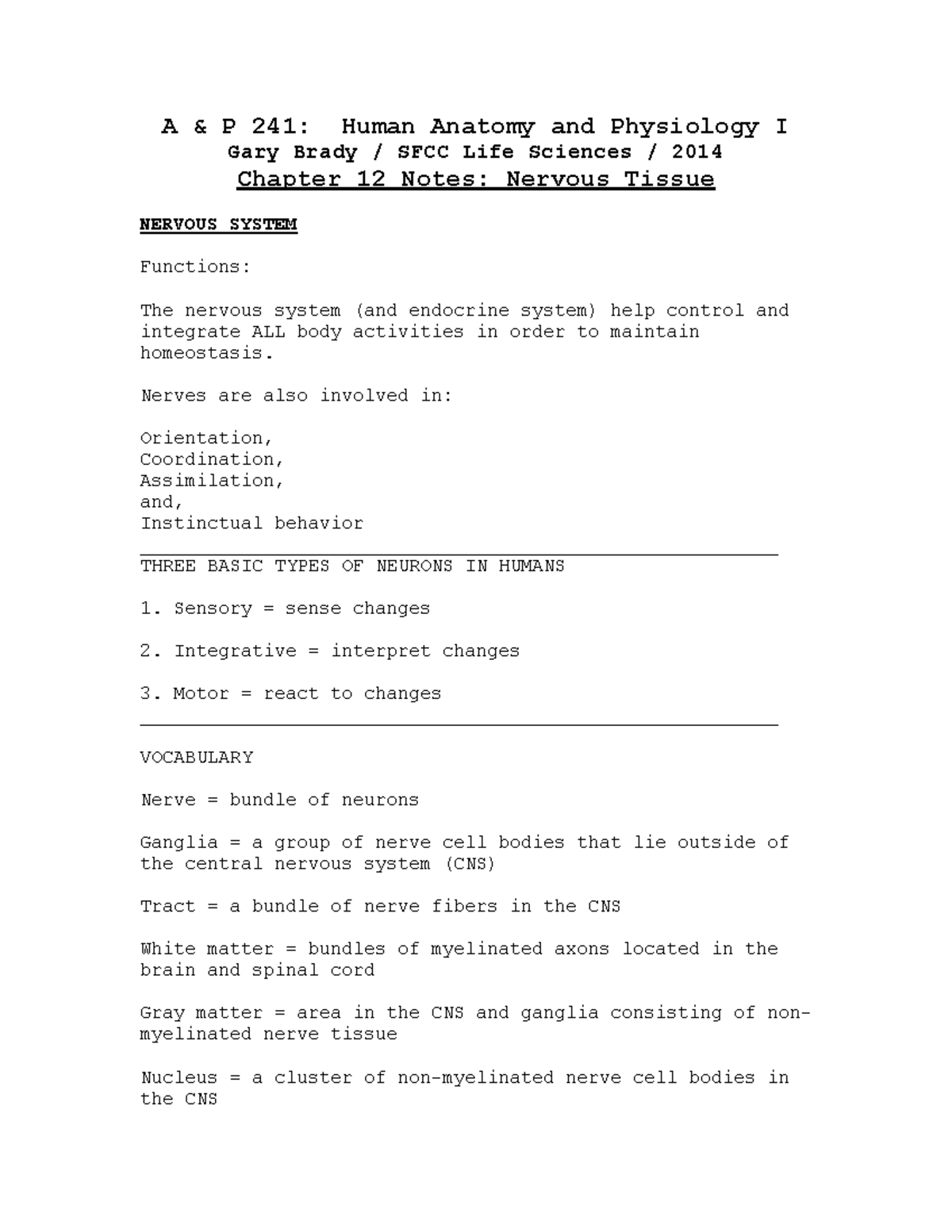 Chapter 12 Notes Nervous Tissue 2014 - A & P 241: Human Anatomy and ...