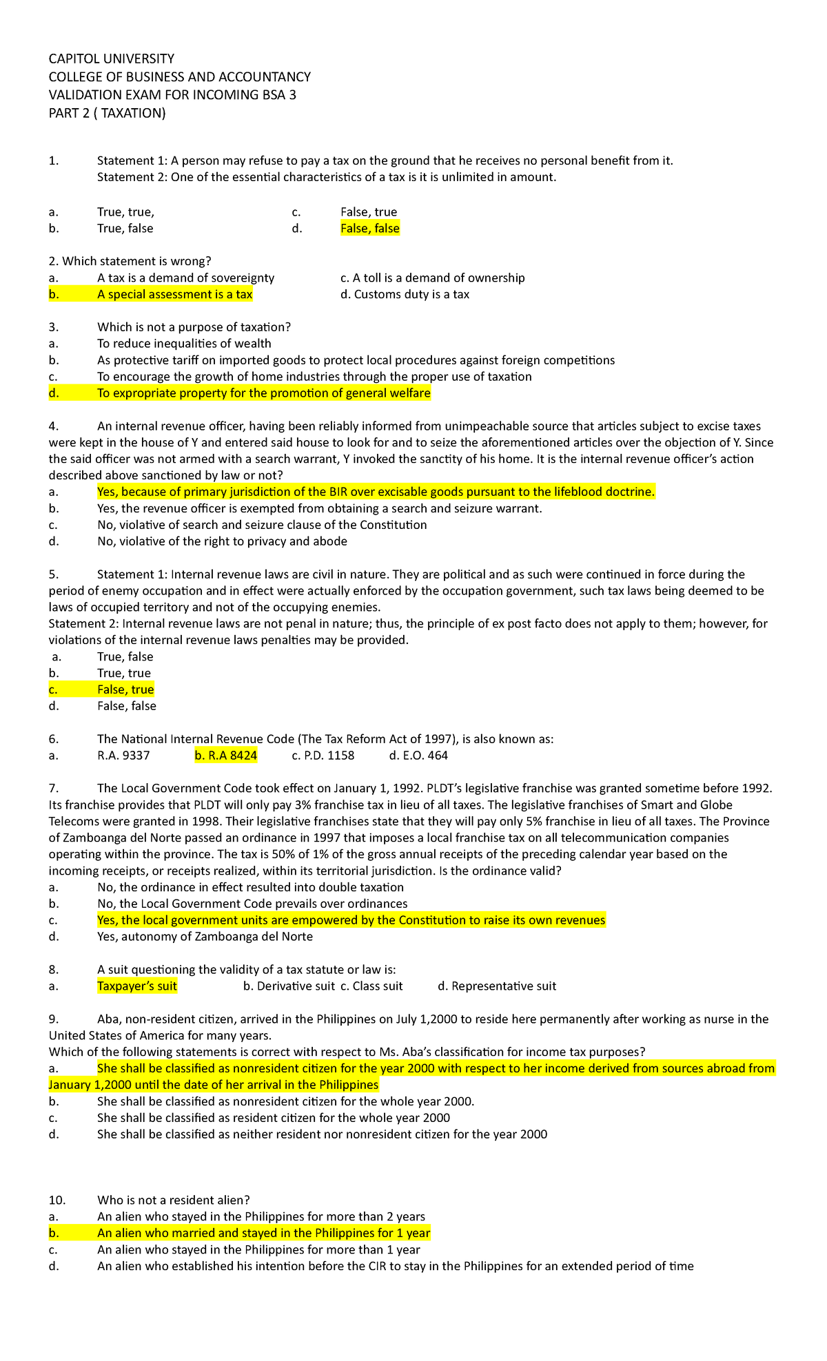 Validation EXAM BSA 3 - Part 2 - CAPITOL UNIVERSITY COLLEGE OF BUSINESS ...