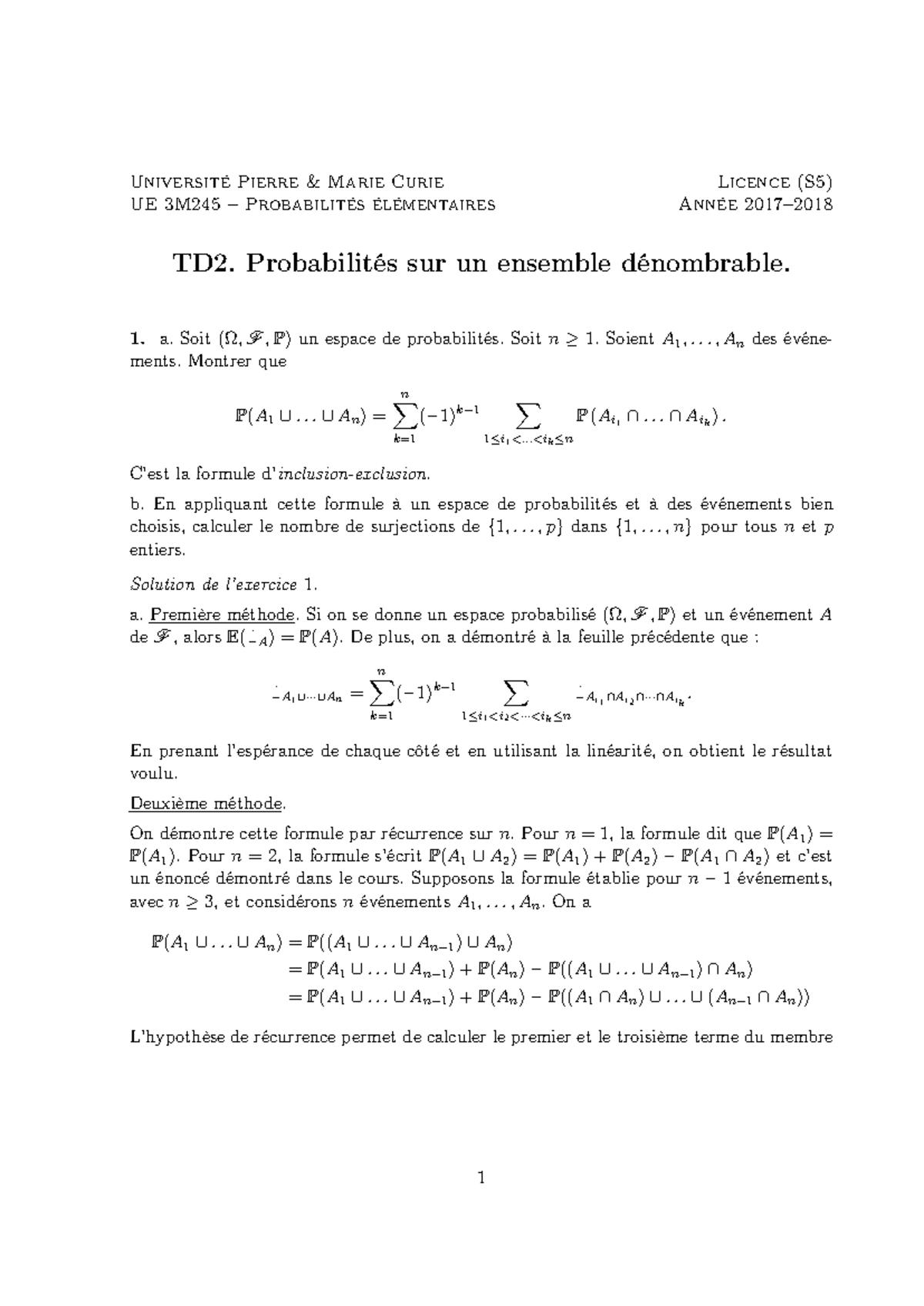 Td2 - Probabilités sur un ensemble dénombrable - Université Pierre ...