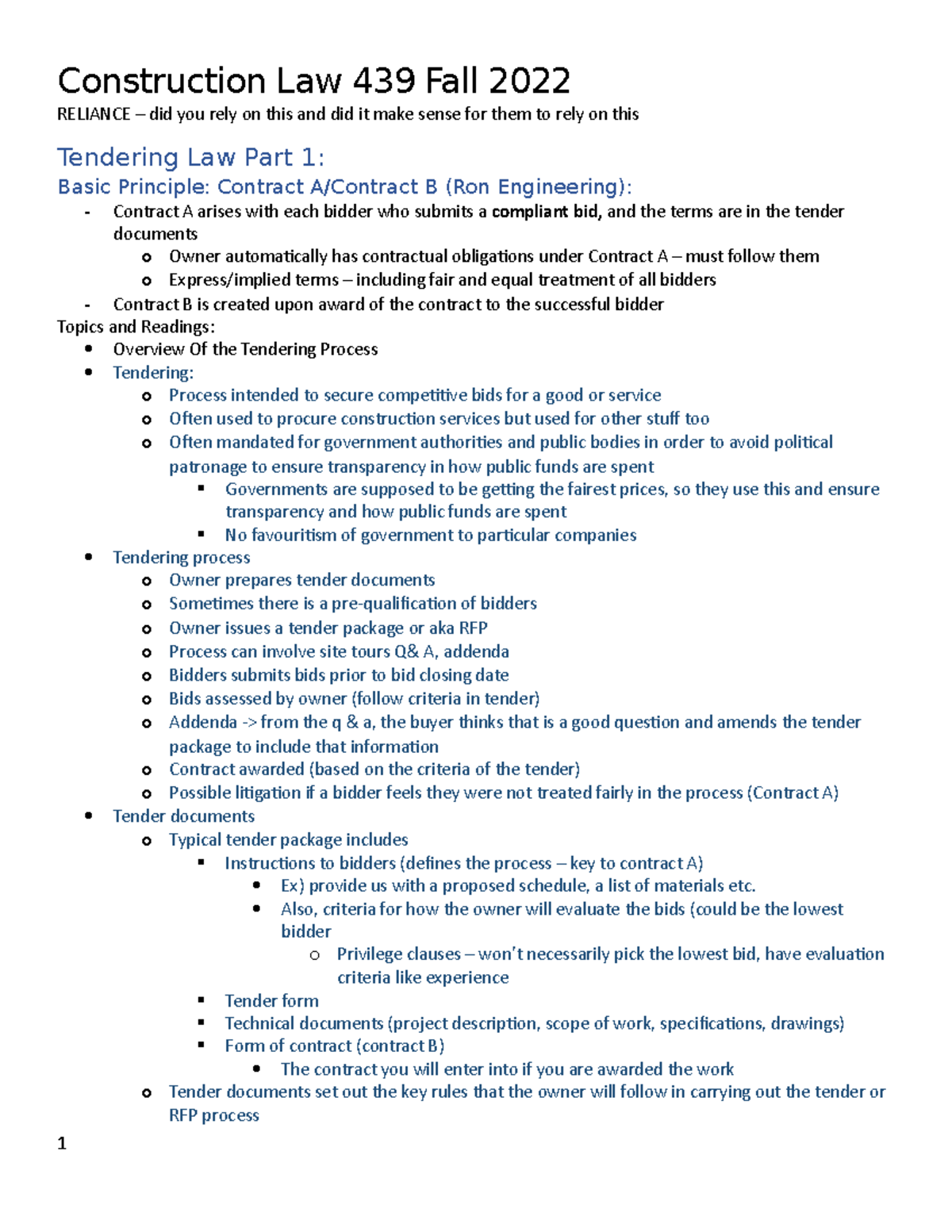 Outline construction law - Construction Law 439 Fall 2022 RELIANCE ...