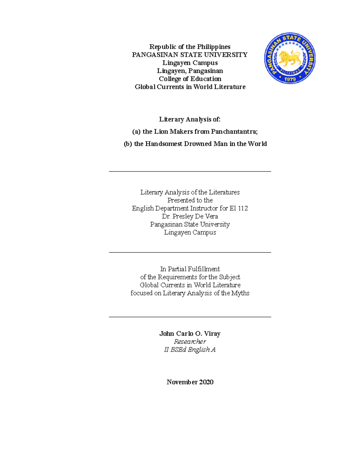 literary analysis of 2 topics of your own choices in lit2 - BS ...