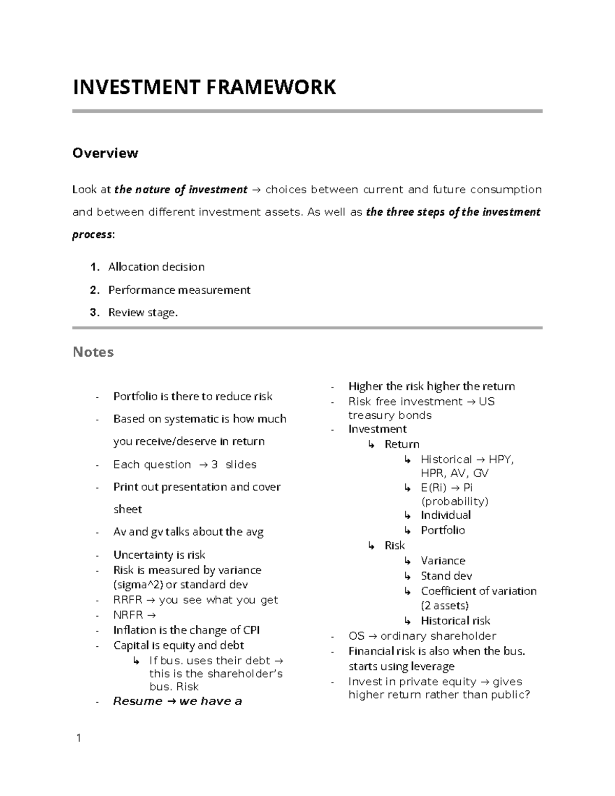 FINC3008 #1 - Investment Framework - INVESTMENT FRAMEWORK Overview Look ...