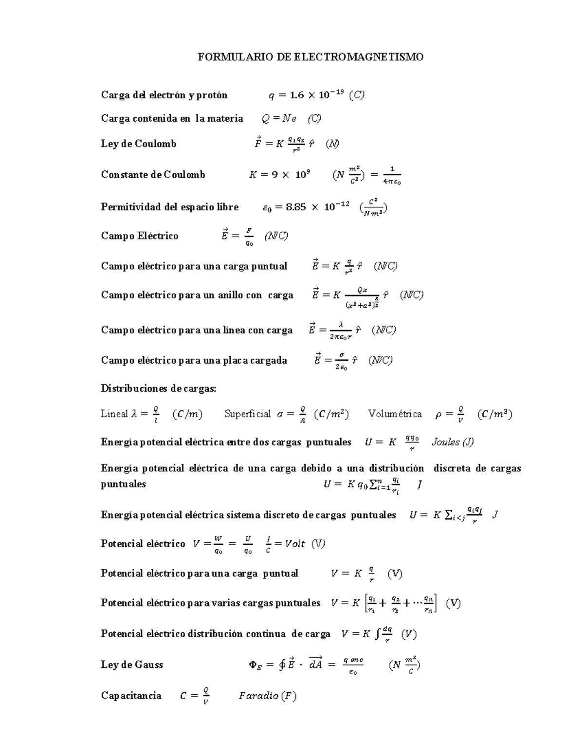 Formulario de electricidad y magnetismo - FORMULARIO DE ELECTROMAGNETISMO Carga del electrón y ...