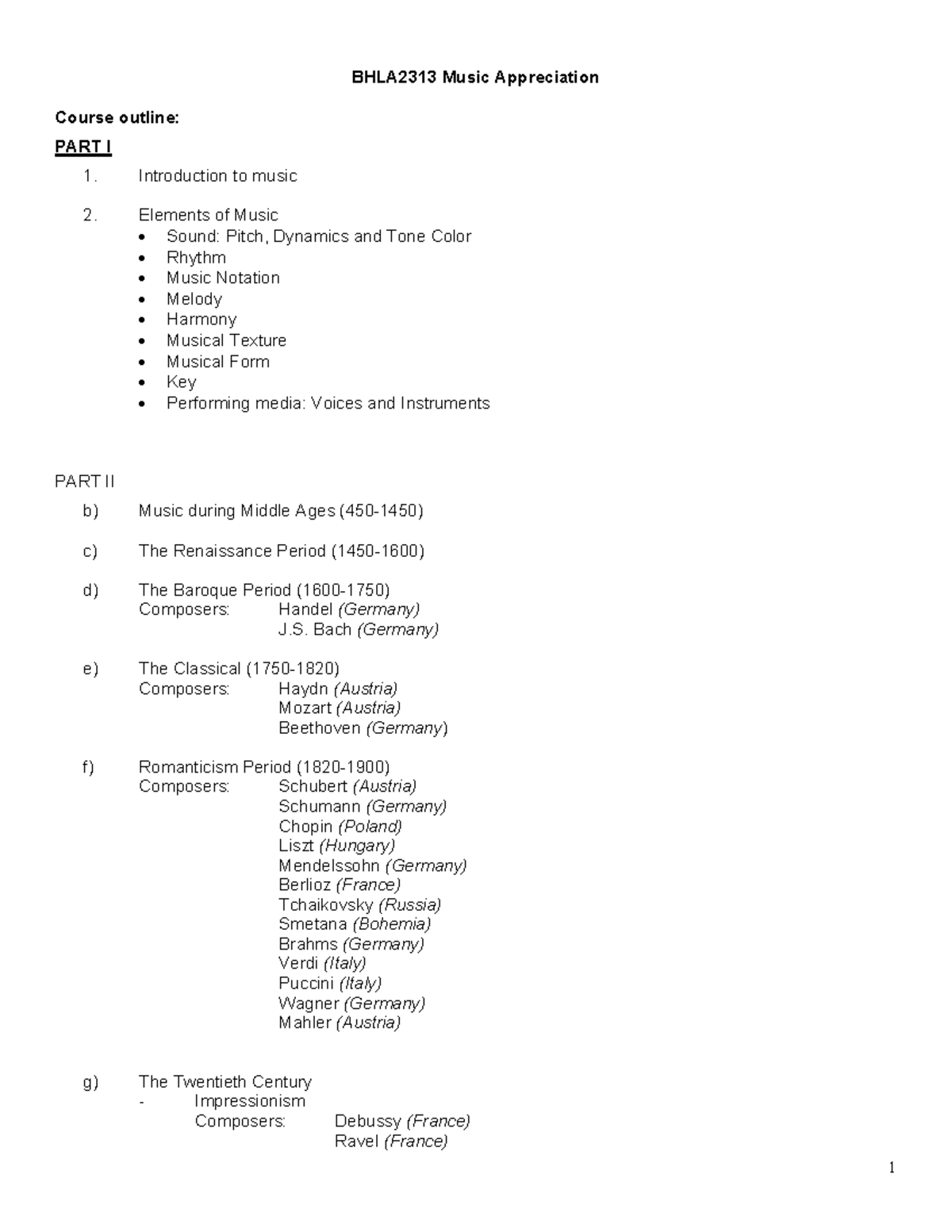 MA Notes - Music Appreciation - BHLA2313 Music Appreciation Course ...