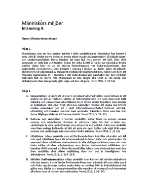 Människors miljöer U4 - Inlämingsuppgift uppdrag 4 - Fråga 1 a) Jag har ...