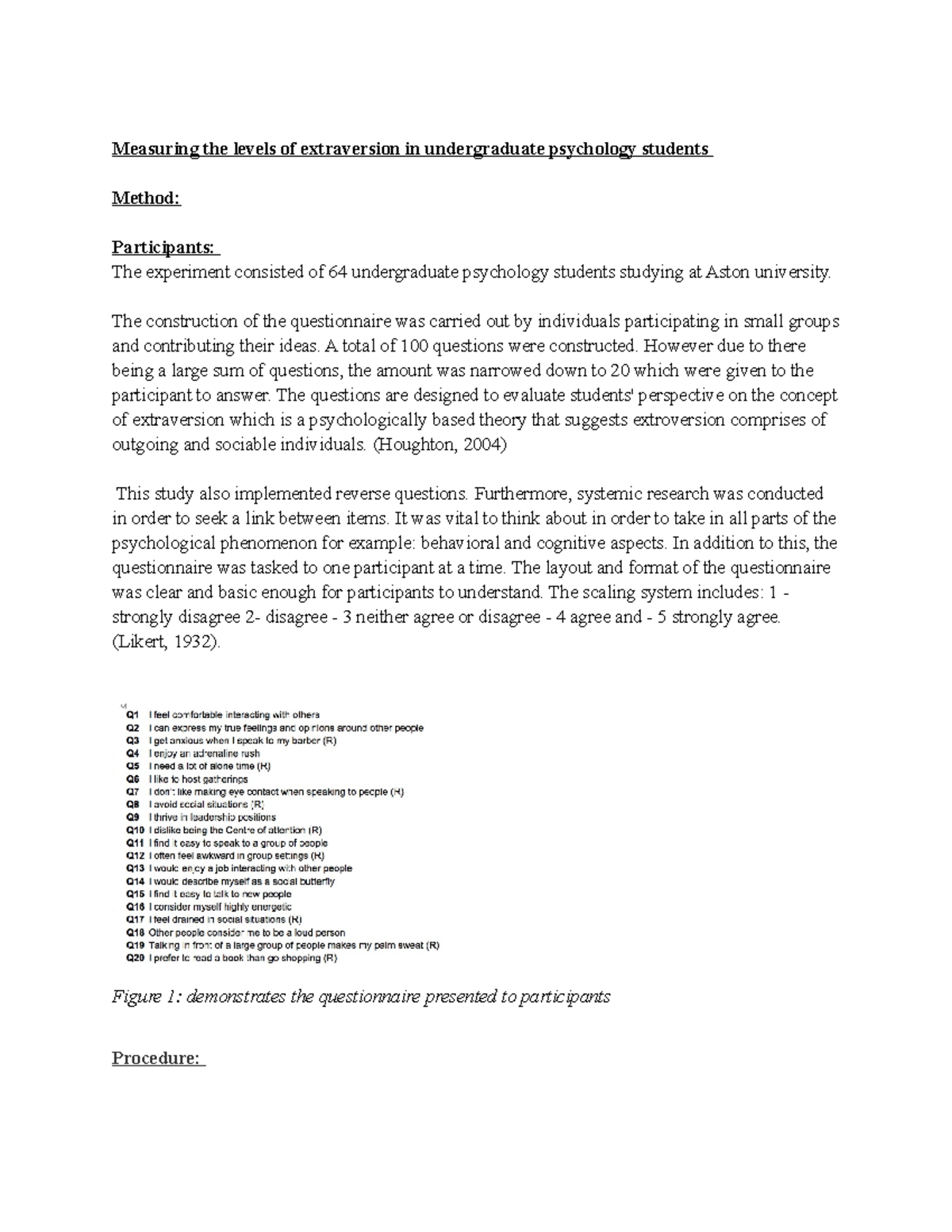 Research methods assignment 2 - Measuring the levels of extraversion in ...