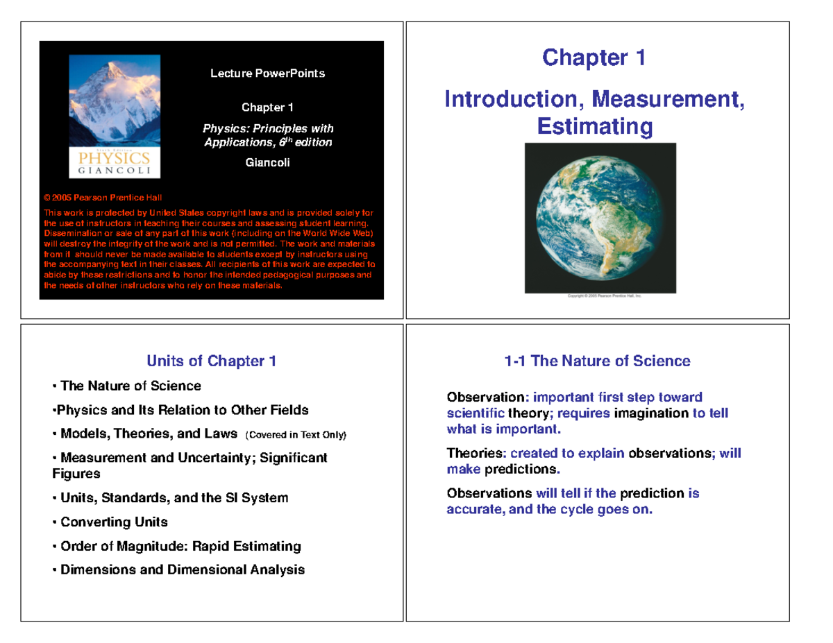 Chapter 1 of physics 121 - © 2005 Pearson Prentice Hall This work is ...