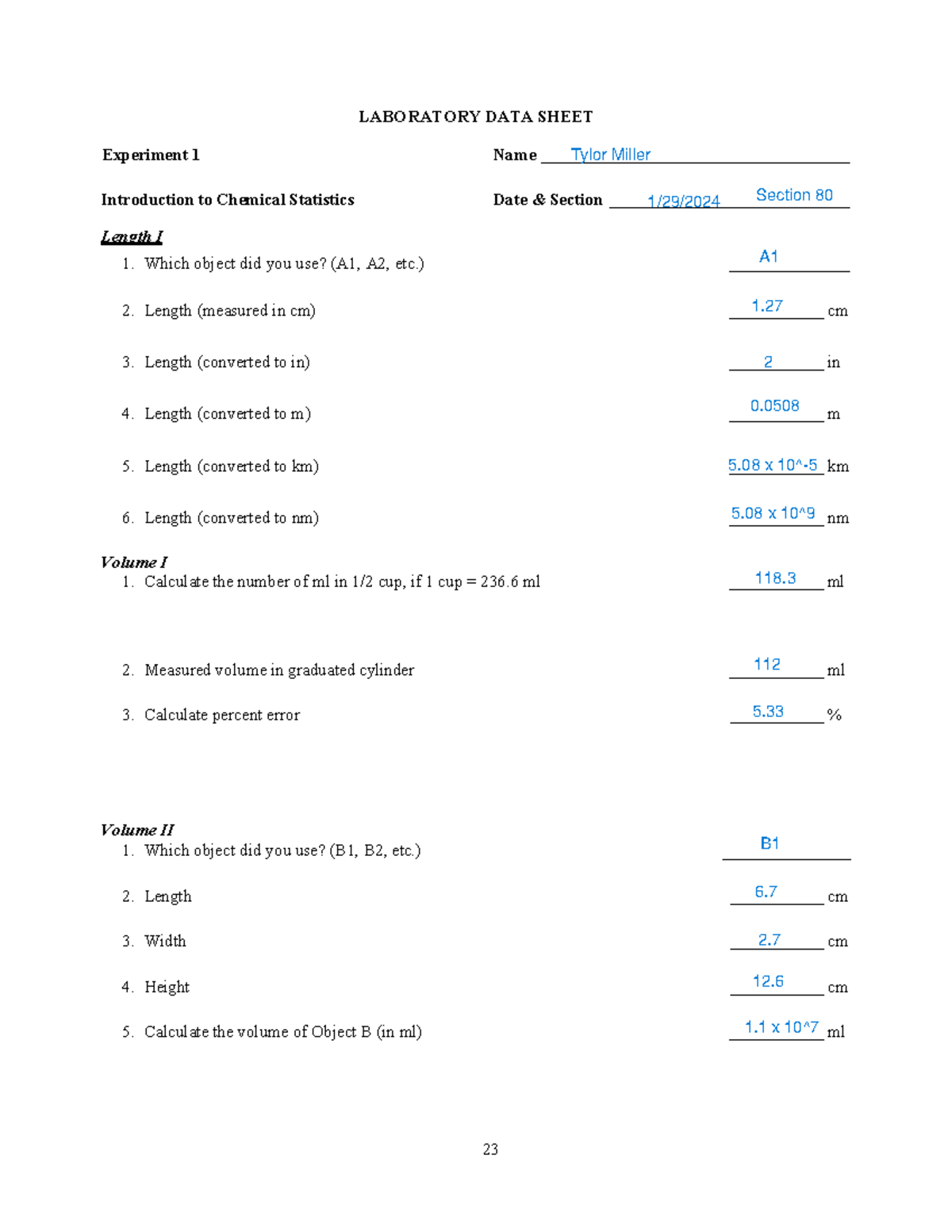 Data Sheet - Experiment 1 - 23 LABORATORY DATA SHEET Experiment 1 Name - Studocu