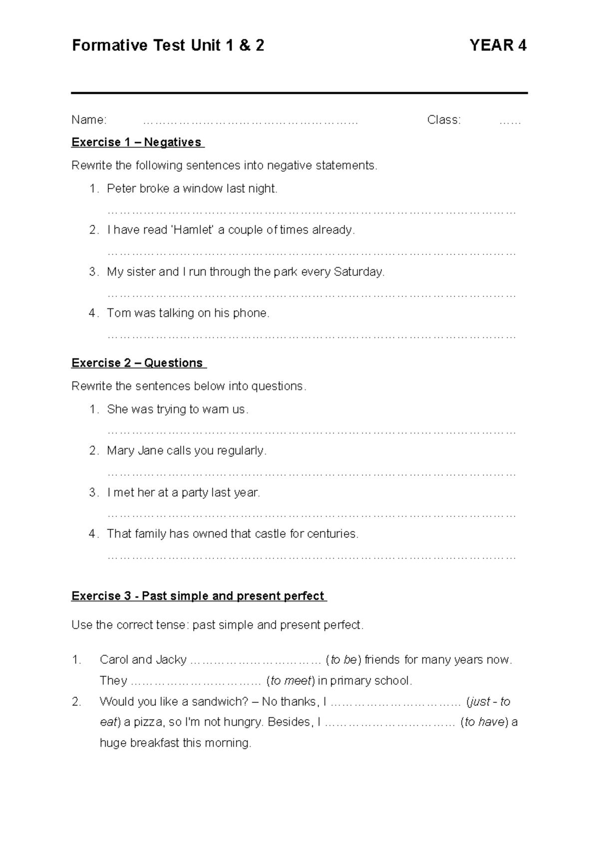 Formative Test Unit 1 & 2 - Formative Test Unit 1 & 2 YEAR 4 Name ...