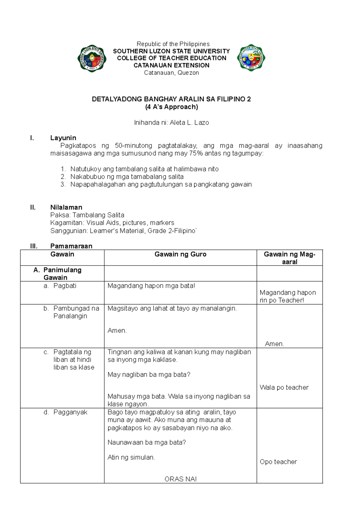 Filipino 2 - Lesson Plan Tambalang Salita - Republic of the Philippines ...